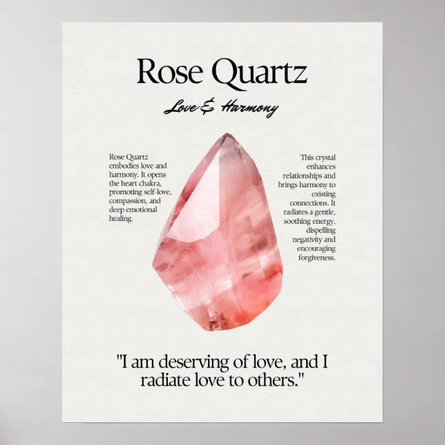 Rose Quartz Stone Crystal Meaning Card Poster | Zazzle