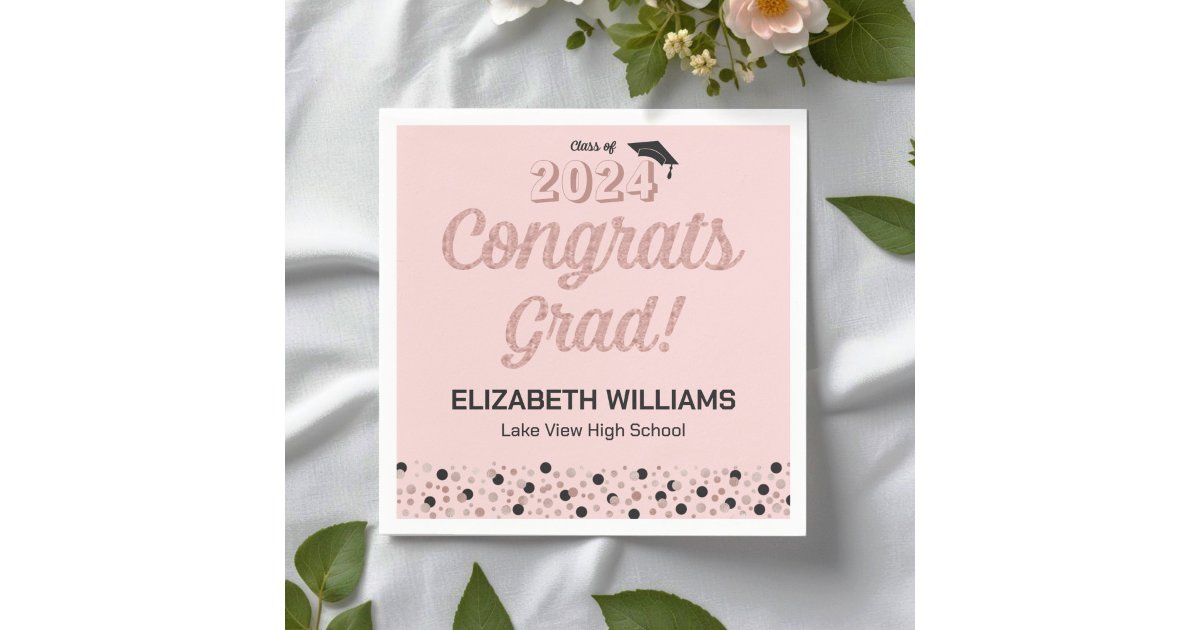 Rose Script Confetti Congrats Grad Pink Napkin | Zazzle
