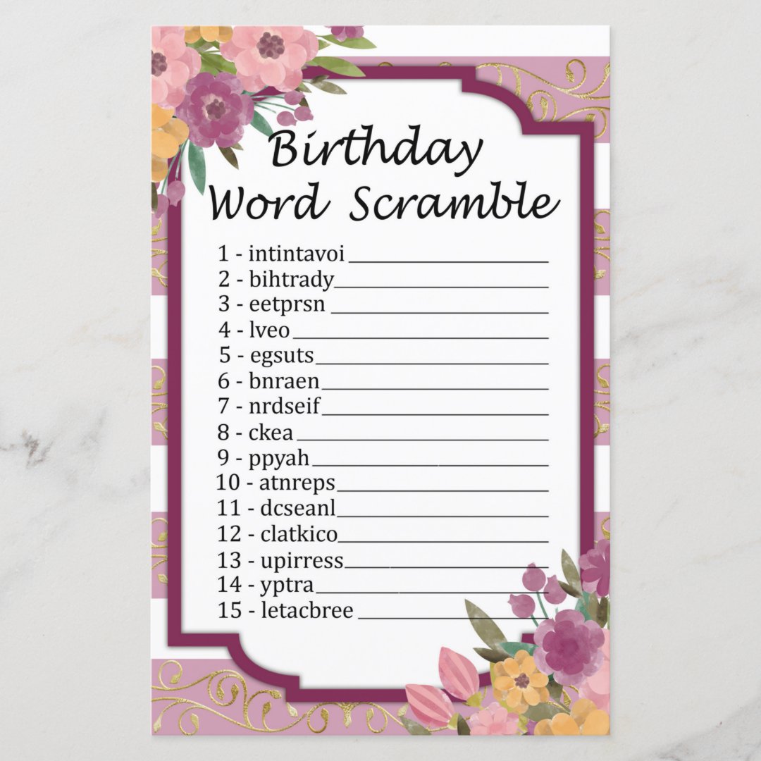 Rose Striped Birthday Word Scramble Game | Zazzle