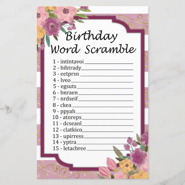 Rose Striped Birthday Word Scramble Game | Zazzle