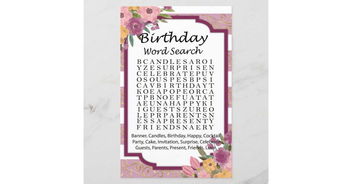 Rose Striped Birthday word search game | Zazzle