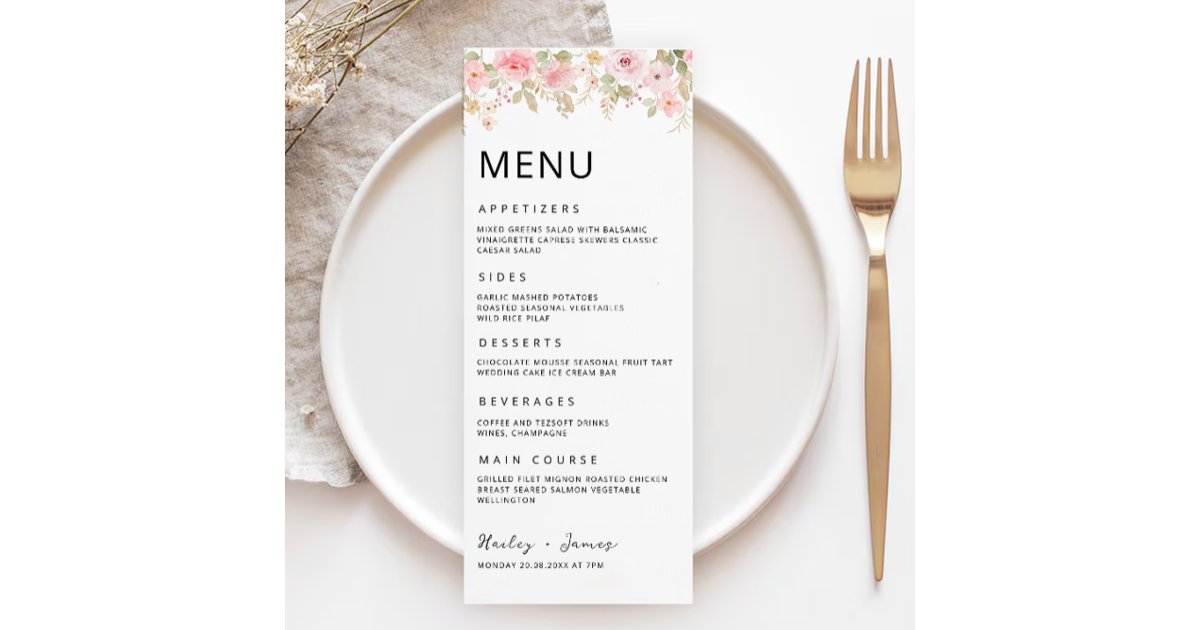 Rose Wedding Menu Cards Template | Zazzle