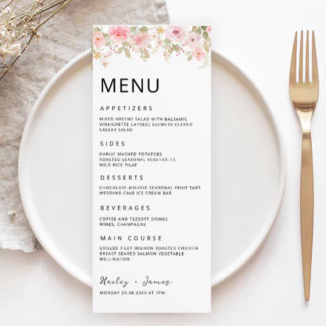 Rose Wedding Menu Cards Template | Zazzle