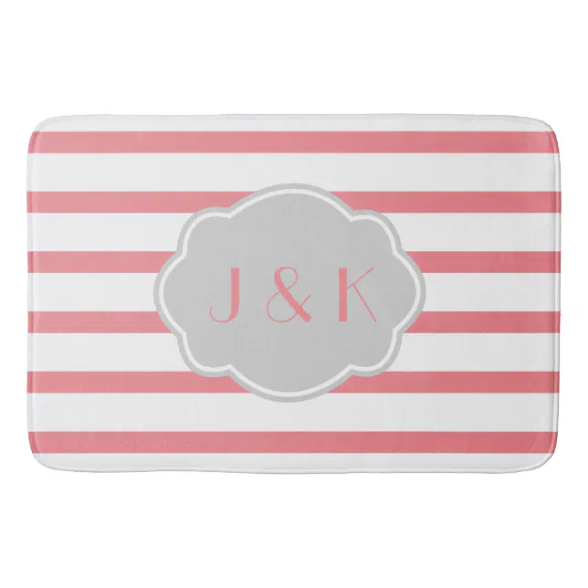 Rose/White Stripes w Gray, add initials Bathroom Mat | Zazzle