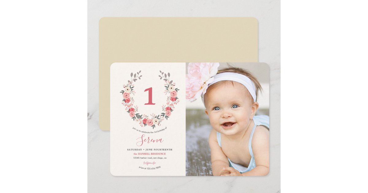 Rose Wreath First Birthday Invitation | Zazzle