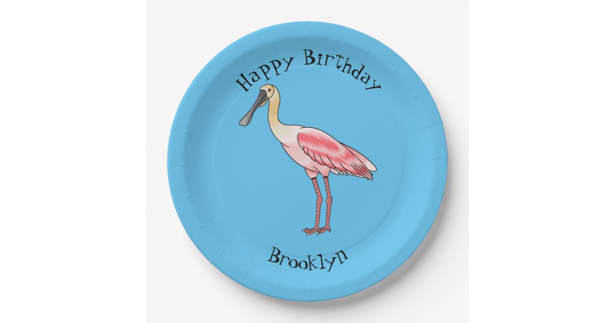 Roseate spoonbill bird cartoon illustration paper plates | Zazzle