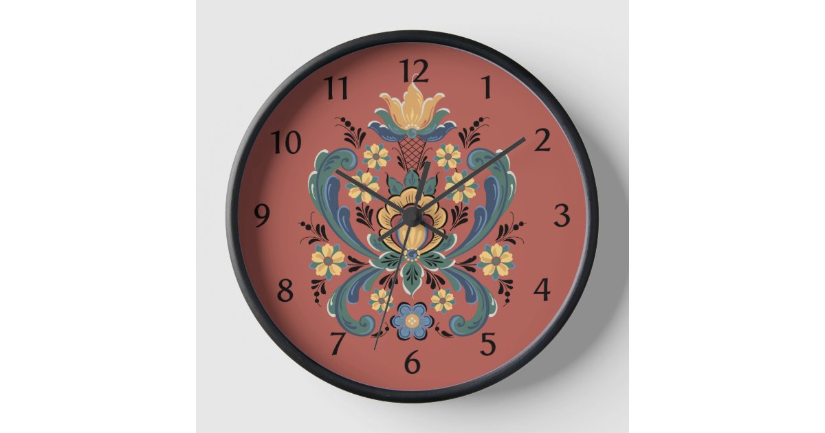 Rosemaling in Red and Gold Clock | Zazzle