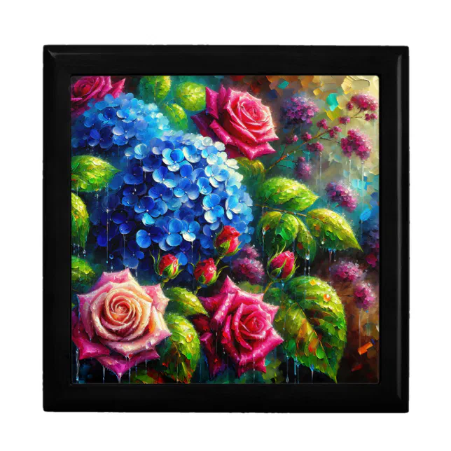 “Roses and Hydrangeas in Rain- Vibrant Floral Art" Gift Box | Zazzle