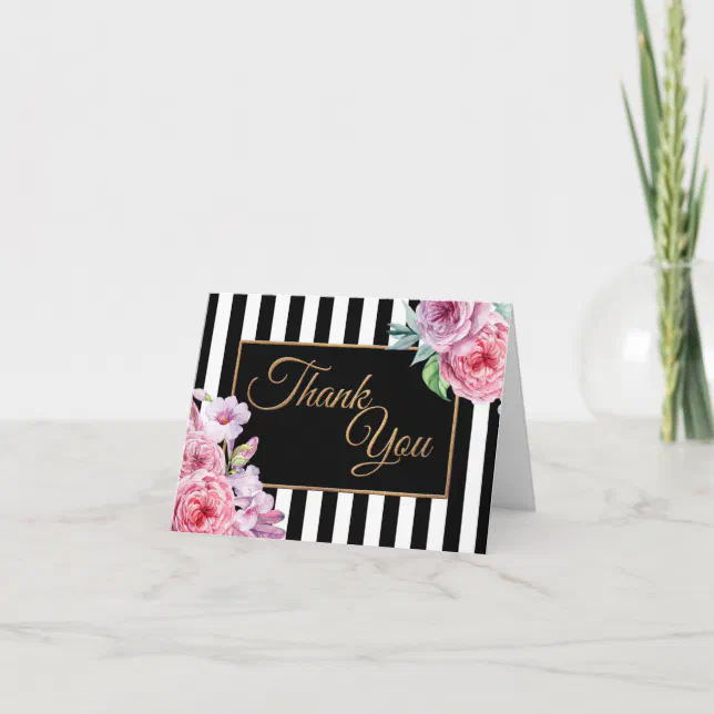 Roses and Stripes Glitter Script Thank You Card | Zazzle