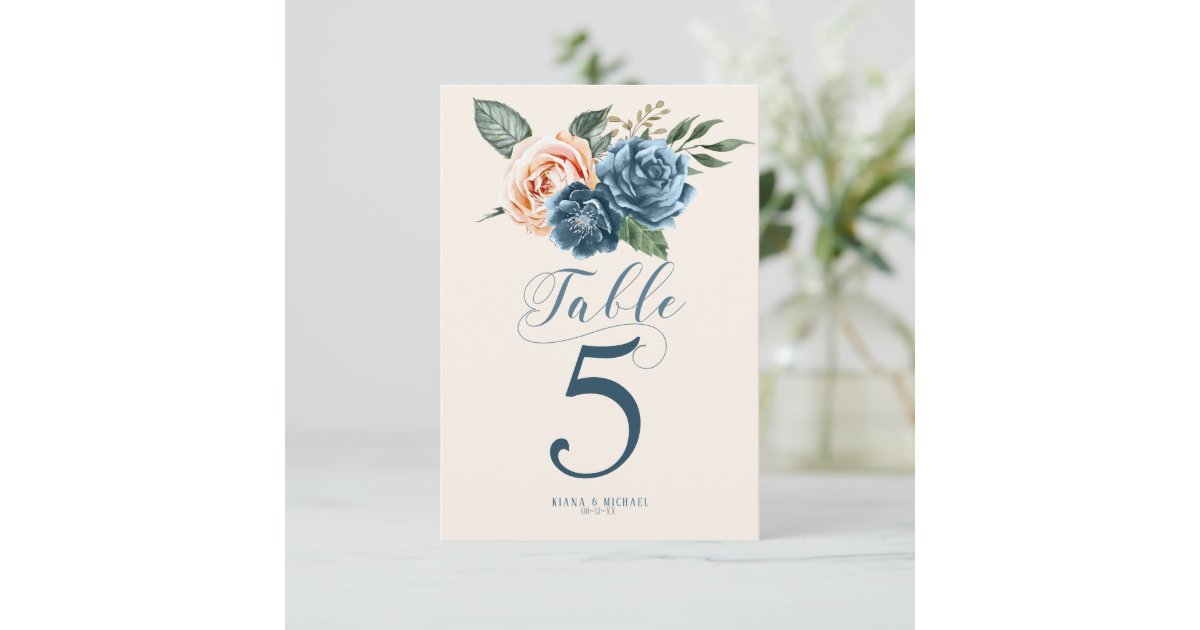 Roses Blue/Peach Wedding Table Numbers ID584 | Zazzle