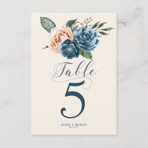 Roses Blue/Peach Wedding Table Numbers ID584 | Zazzle