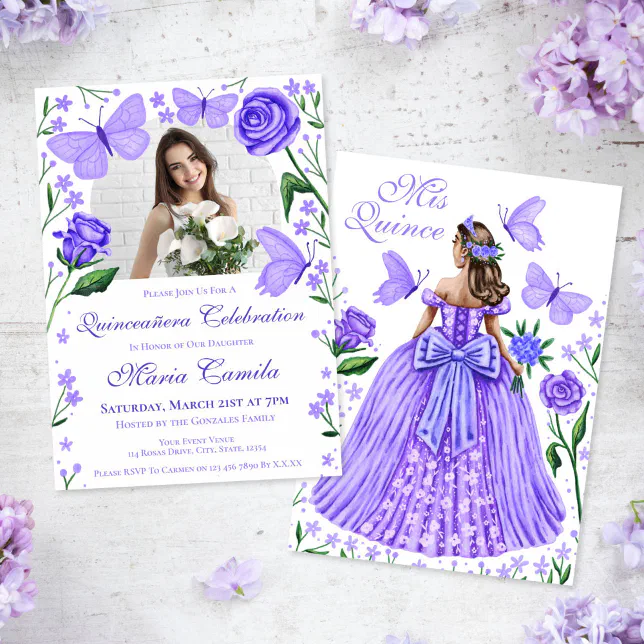 Roses + Butterflies Lilac Quinceanera Photo Invitation | Zazzle