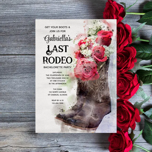 Roses Cowboy Boots Last Rodeo Bachelorette Party Invitation | Zazzle
