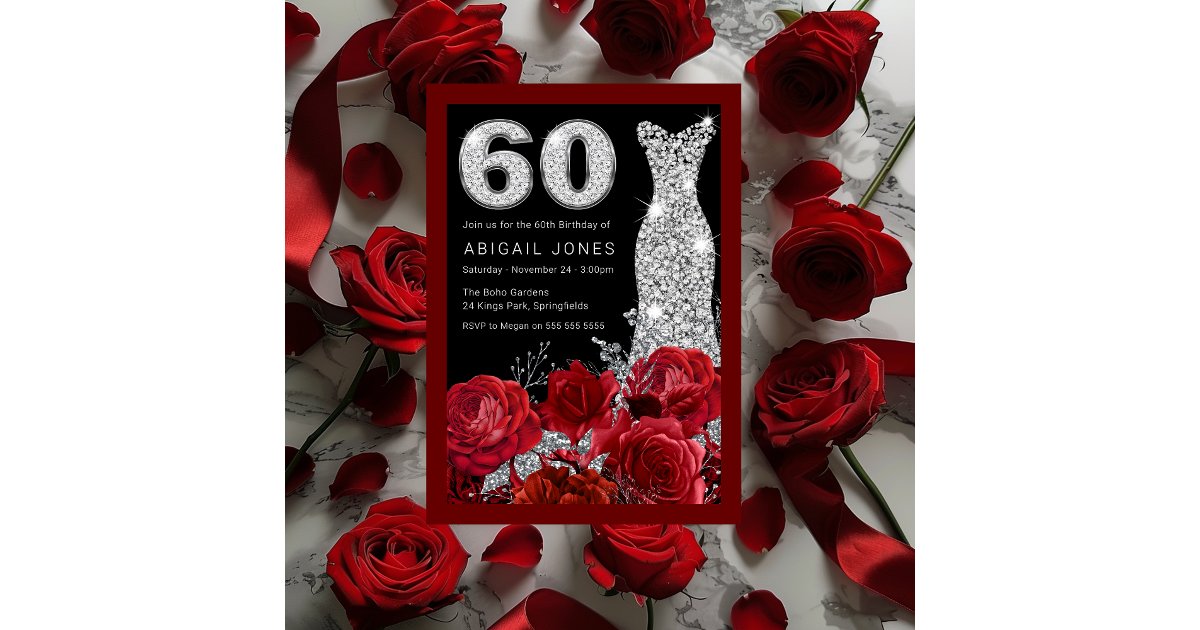 Roses & Diamond Dress Red Border 60th Birthday Invitation | Zazzle