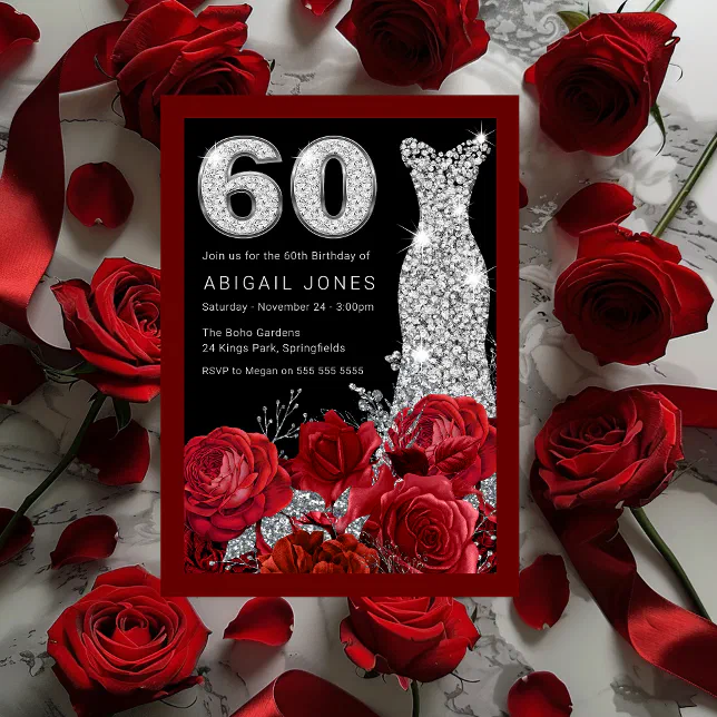 Roses & Diamond Dress Red Border 60th Birthday Invitation | Zazzle