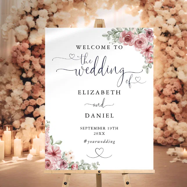 Roses Floral Heart Script Wedding Welcome Sign | Zazzle