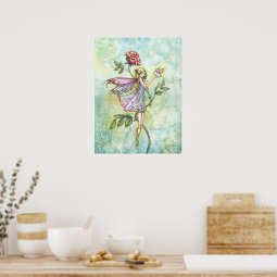 Rose's Friend Flower Fairy and Bunny Art Poster | Zazzle