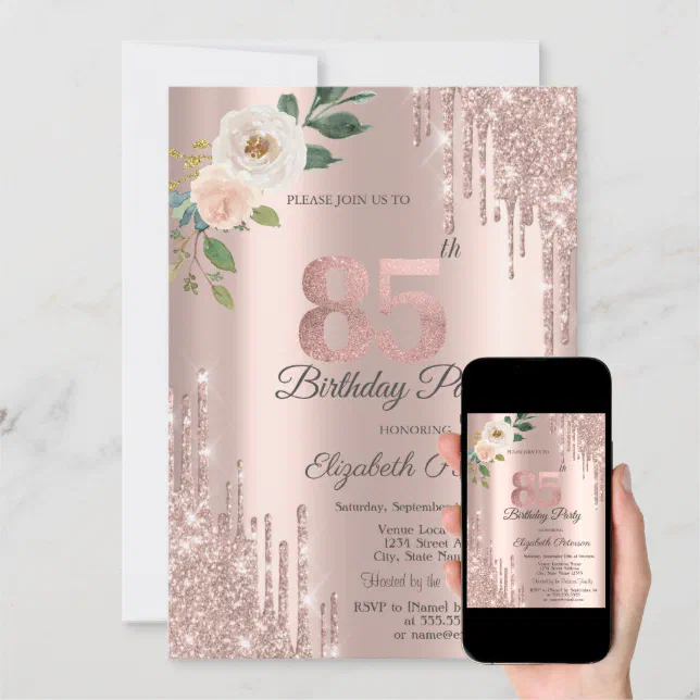 Roses Glitter Drips Rose Gold 85th Birthday Invitation | Zazzle