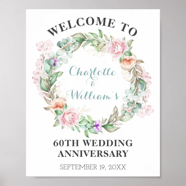Roses Greenery 60th Diamond Wedding Anniversary Poster | Zazzle