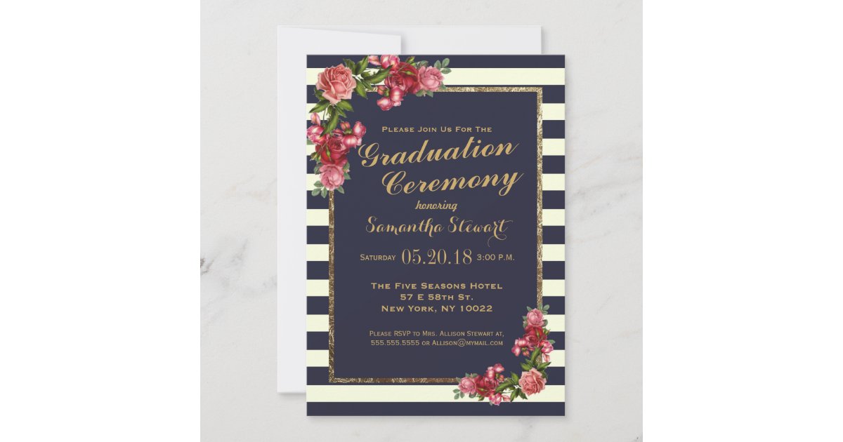 Roses Navy Stripes and Gold Graduation Ceremony Invitation | Zazzle