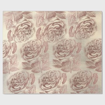 Roses Pink Rose Gold Metallic Floral Sepia Linen Wrapping Paper | Zazzle