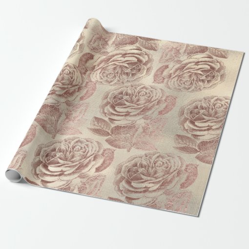 Roses Pink Rose Gold Metallic Floral Sepia Linen Wrapping Paper | Zazzle