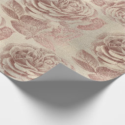 Roses Pink Rose Gold Metallic Floral Sepia Linen Wrapping Paper | Zazzle