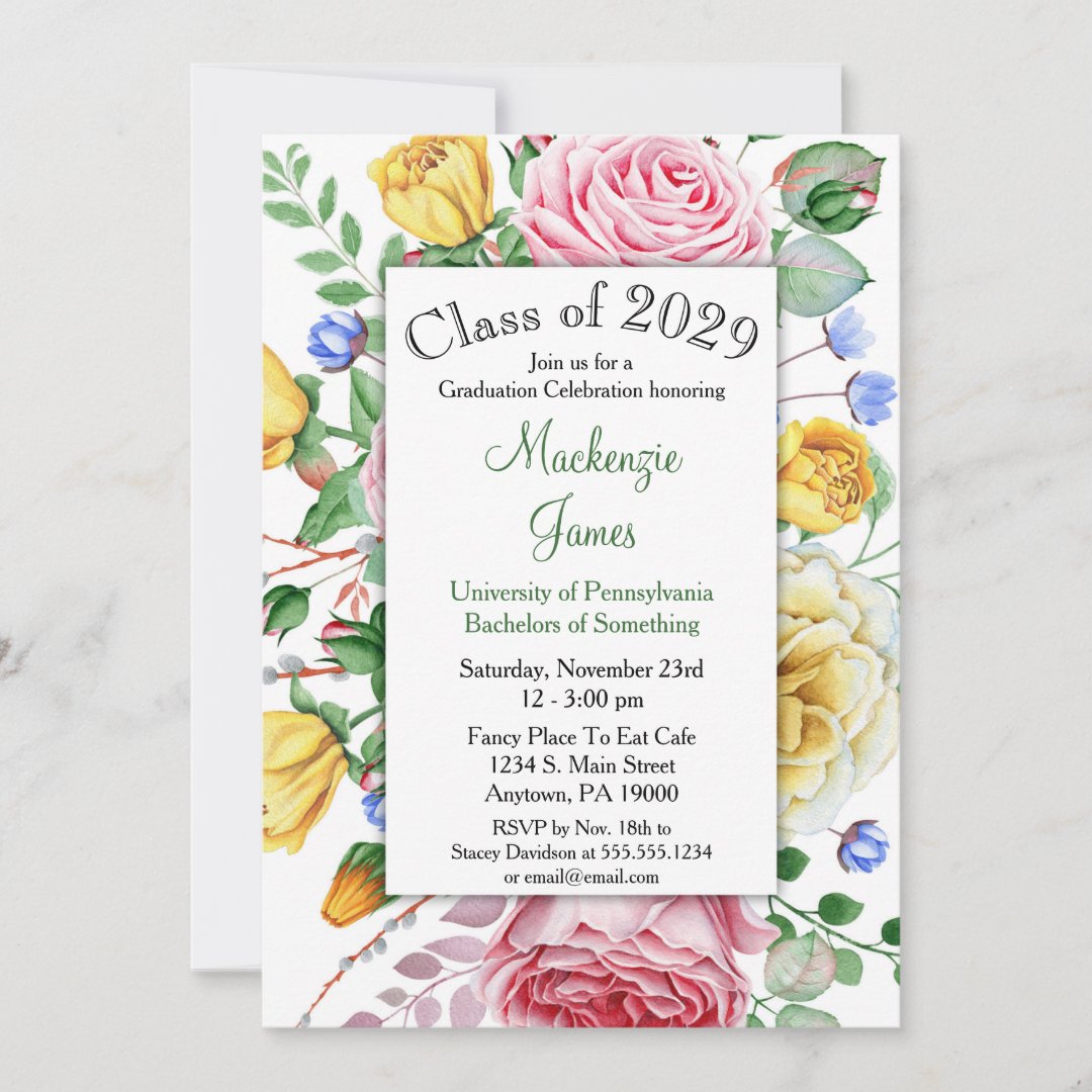 Roses Pink Yellow Floral Graduation Invitation | Zazzle