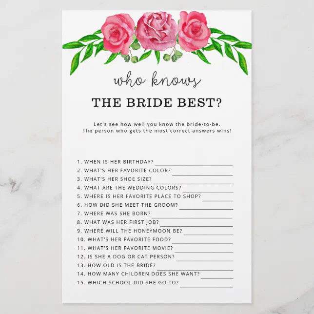 Roses Who knows the bride best game | Zazzle