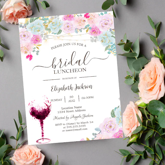 Roses,Wine Glass Bridal Luncheon Invitation | Zazzle