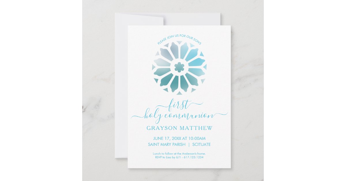Rosette, Blue First Holy Communion Invitation | Zazzle