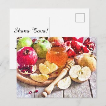 Rosh Hashanah Watercolor Apples and Honey Postcard | Zazzle