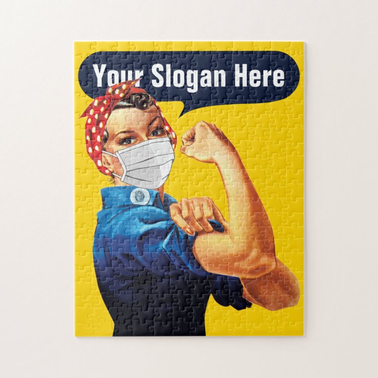 Rosie The Riveter With Mask - Add Your Own Slogan Jigsaw Puzzle | Zazzle
