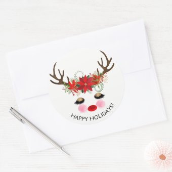 Rosy Cheeks Gold Eyes Floral Reindeer Holiday Classic Round Sticker ...