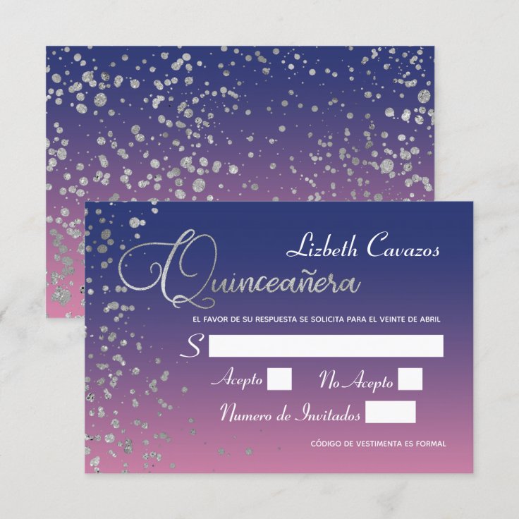 Rotal Blue Purple Silver Confetti Quinceanera RSVP Invitation | Zazzle