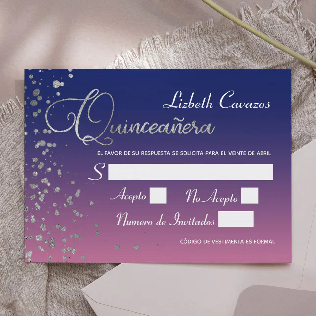 Rotal Blue Purple Silver Confetti Quinceanera RSVP Invitation | Zazzle