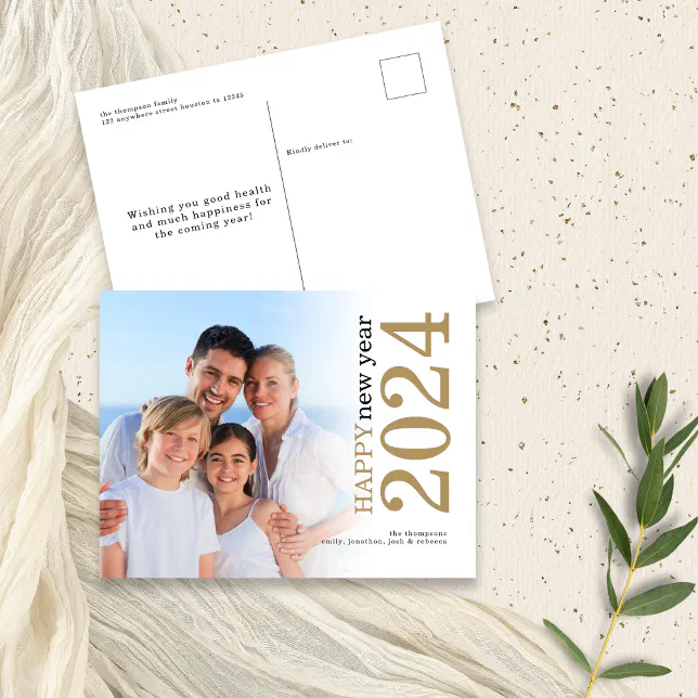 Rotated Text Photo Happy New Year 2024 Gold Holiday Postcard | Zazzle