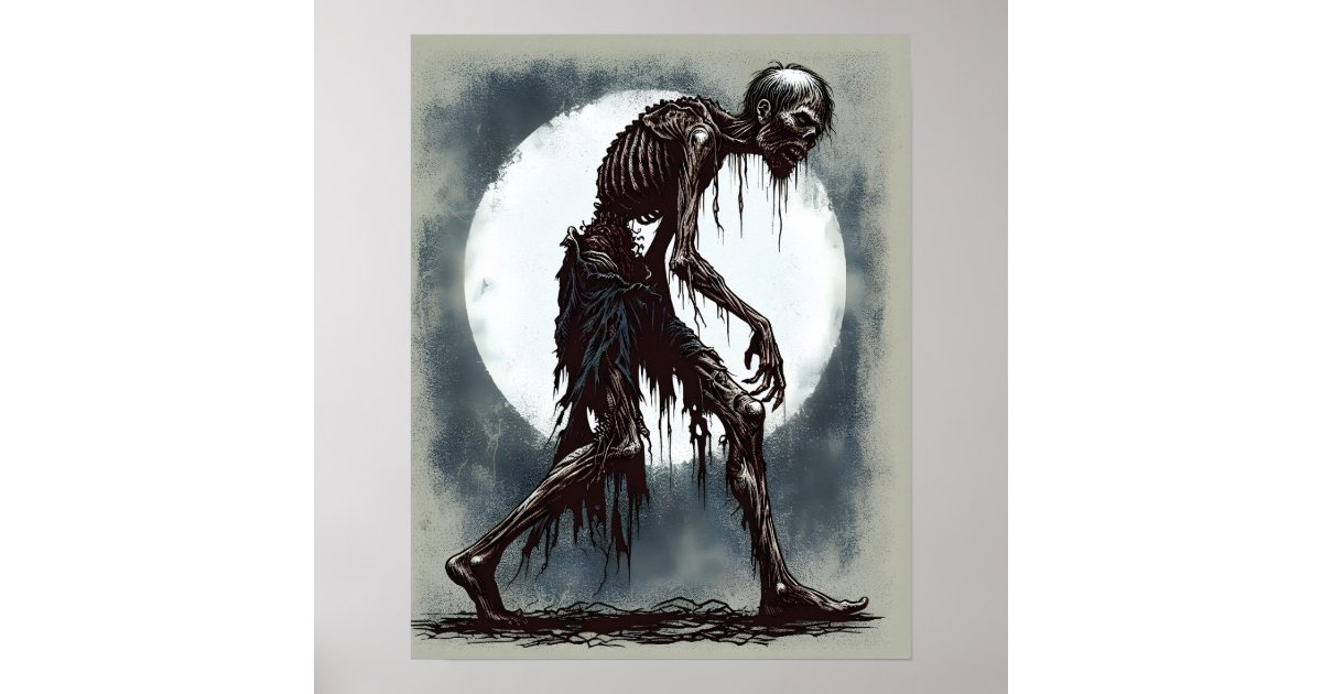 Rotting Zombie, Full Moon, Scary Illustration Poster | Zazzle