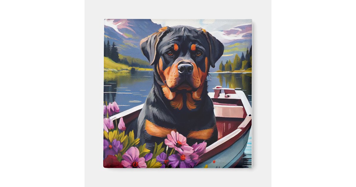 Rottweiler on a Paddle: A Scenic Adventure Magnet | Zazzle