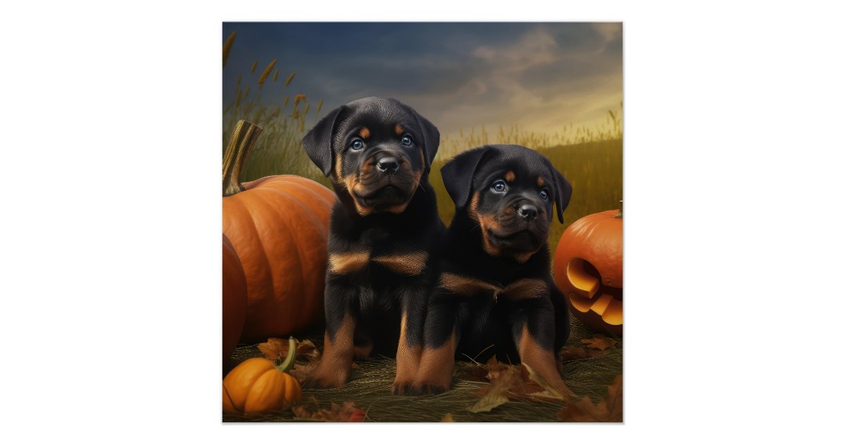 Rottweiler Puppy Autumn Delight Pumpkin Poster | Zazzle
