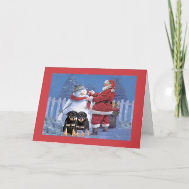 Rottweiler Puppy Christmas Card Santa and Snowman | Zazzle