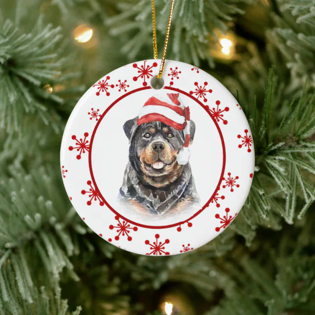 Rottweiler Santa Hat Red Snowflake Christmas Ceramic Ornament | Zazzle