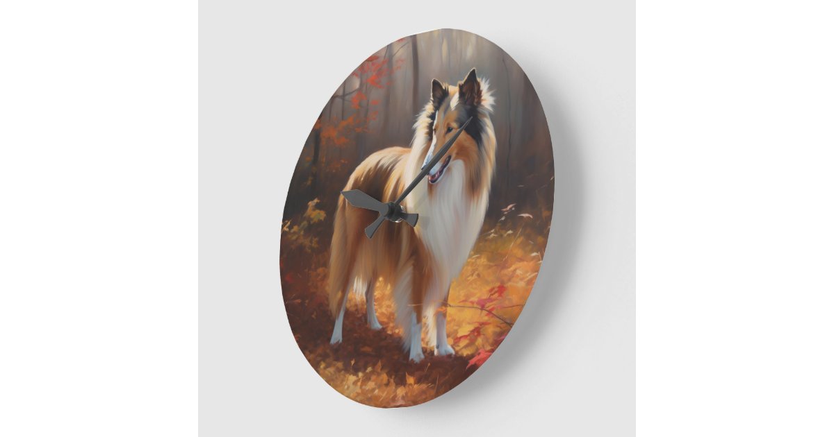 Rough Collie in Autumn Leaves Fall Inspire Large Clock | Zazzle