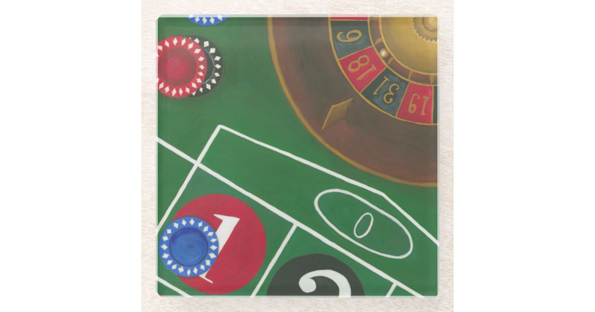 Roulette Table with Chips and Wheel Glass Coaster | Zazzle