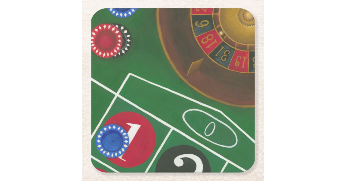 Roulette Table with Chips and Wheel Square Paper Coaster | Zazzle
