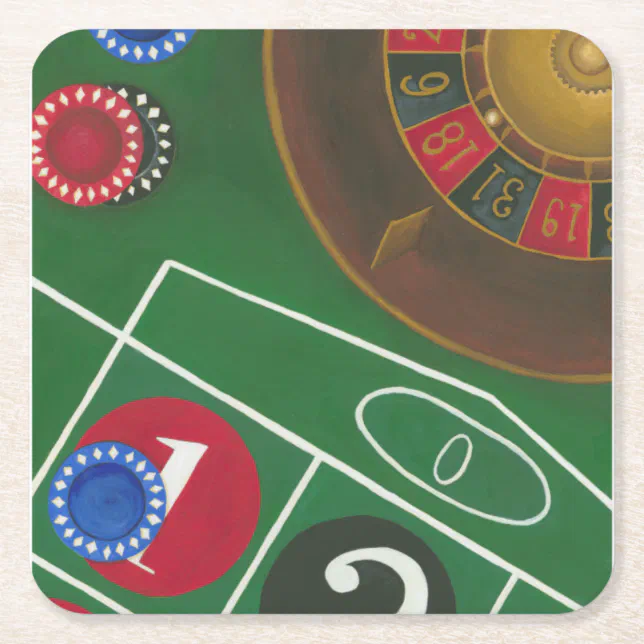 Roulette Table with Chips and Wheel Square Paper Coaster | Zazzle