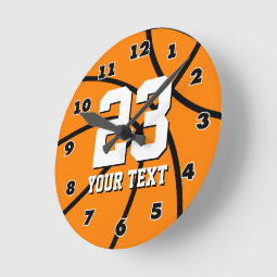 Round basketball clock with custom number and text | Zazzle