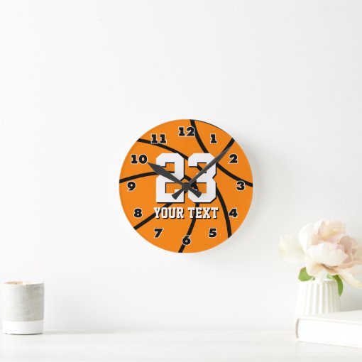 Round basketball clock with custom number and text | Zazzle