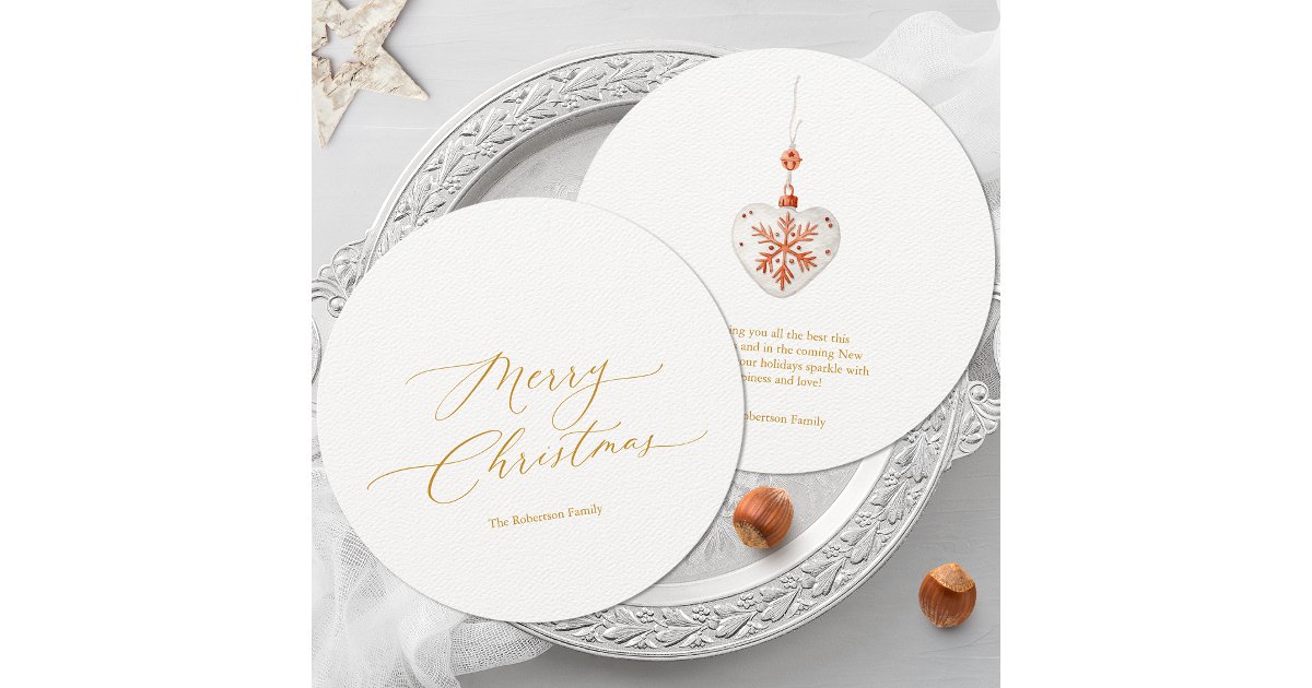 Round Christmas Card with Gold Script | Zazzle
