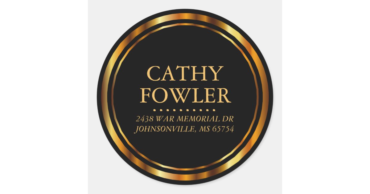 Round Circle Address - Black and Gold Classic Round Sticker | Zazzle